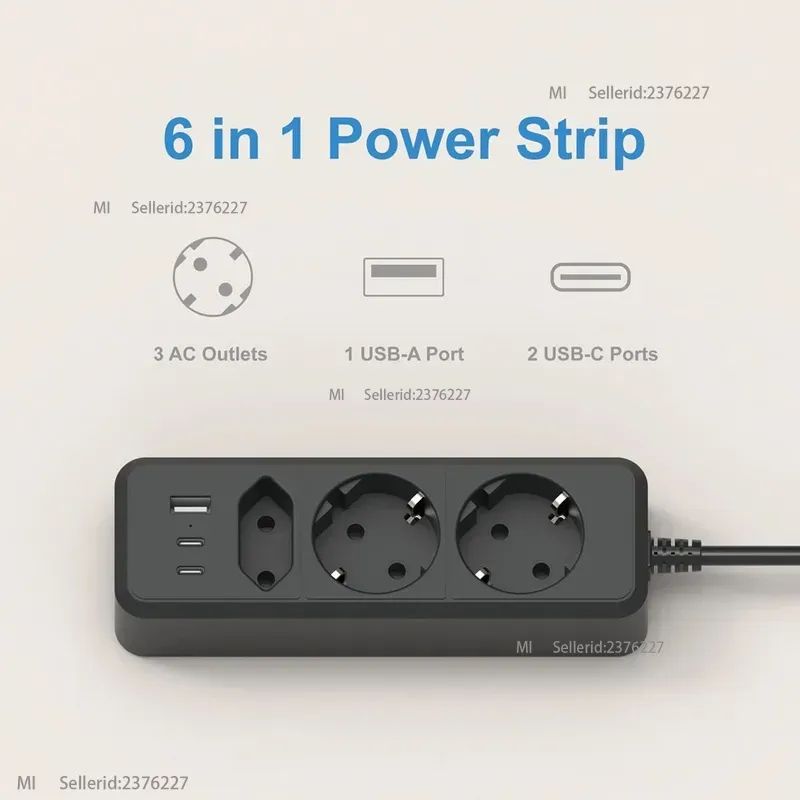 6 IN 1 2500W Удлинитель сетевой электрический бытовой с заземлением с выключателем 3 розетки, 1 с USB 2 Type-C 17W Fast Charging 1.5 м