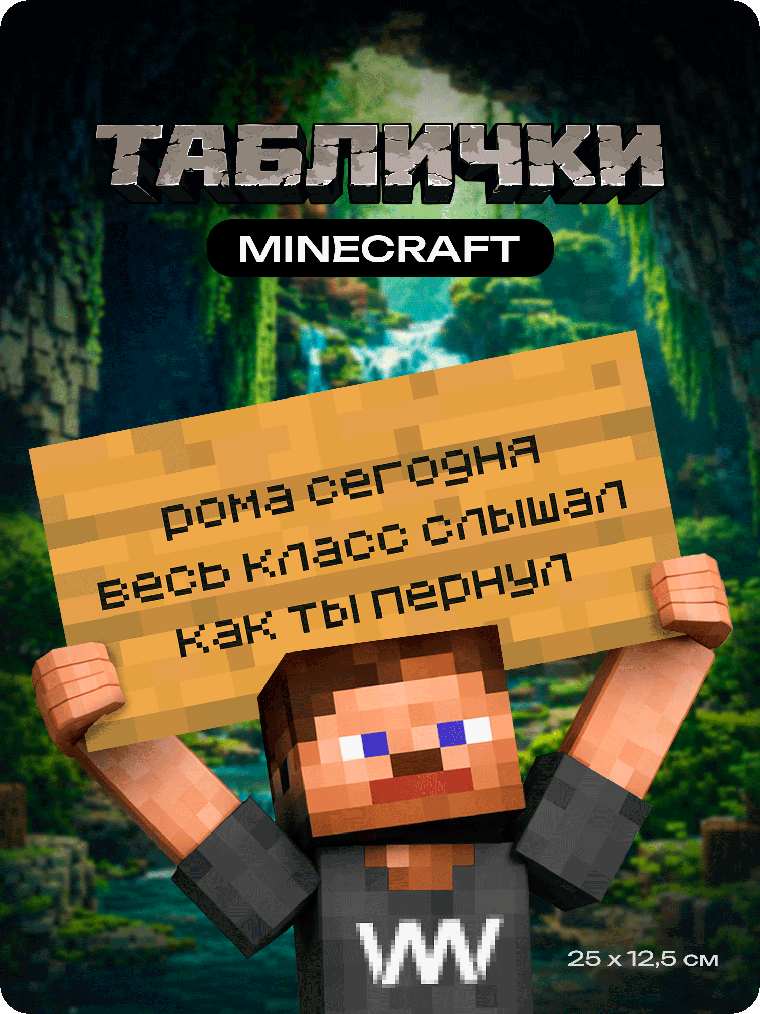 Табличка Майнкрафт с надписью "Рома сегодня весь класс слышал", Minecraft на пластике, на стену, 250х125 мм, Айдентика Технолоджи