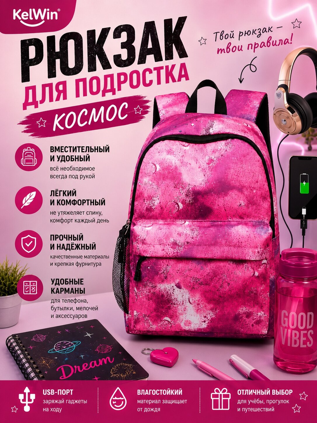 Рюкзак для подростка Космос — вместительный школьный рюкзак