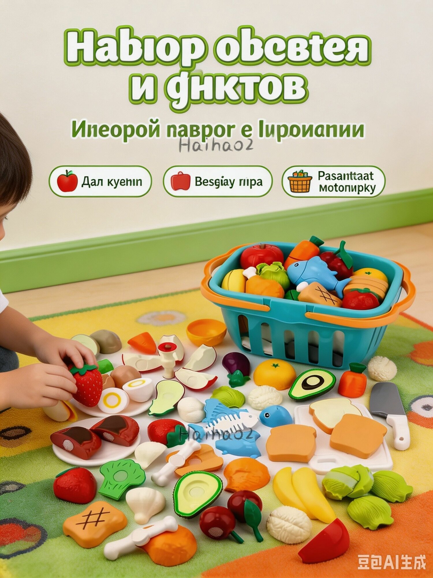 Игровой набор продуктов, для детской ролевой игры, съемные игрушечные продукты, безопасный пластик, с корзиной для хранения, разноцветный, 1 комплект.
