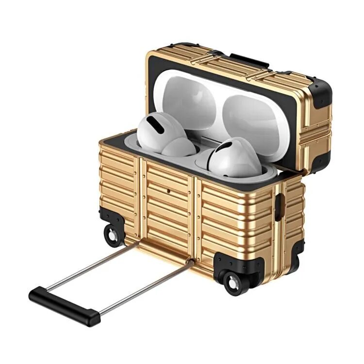 Чехол-чемоданчик для AirPods Pro 2/1 из PC и TPU, с подставкой для телефона, XDcase (золотой).