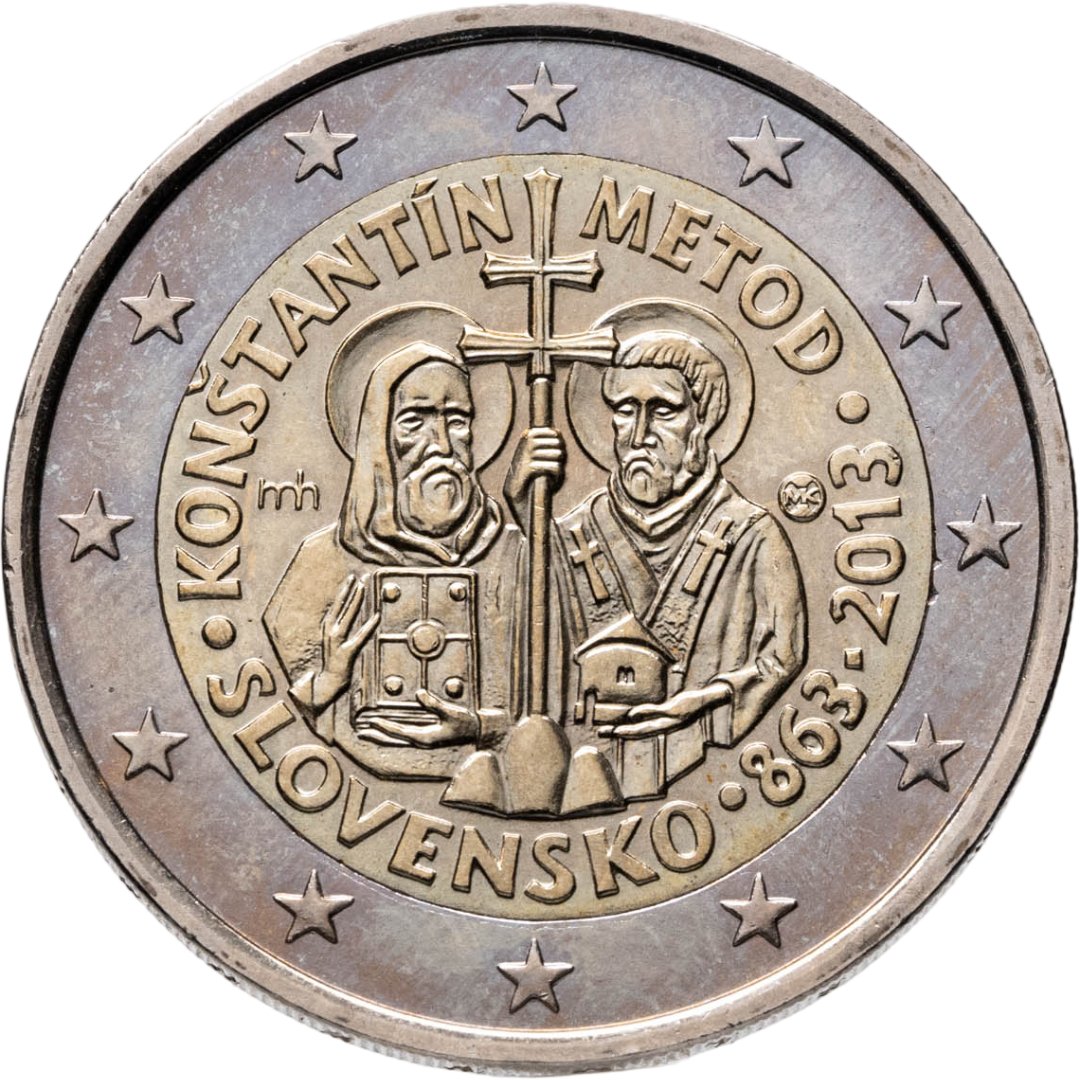 Словакия 2 евро 2013 "1150 лет прибытия Кирилла и Мефодия с миссией в Великую Моравию", Биметалл, в сохранности AU-UNC
