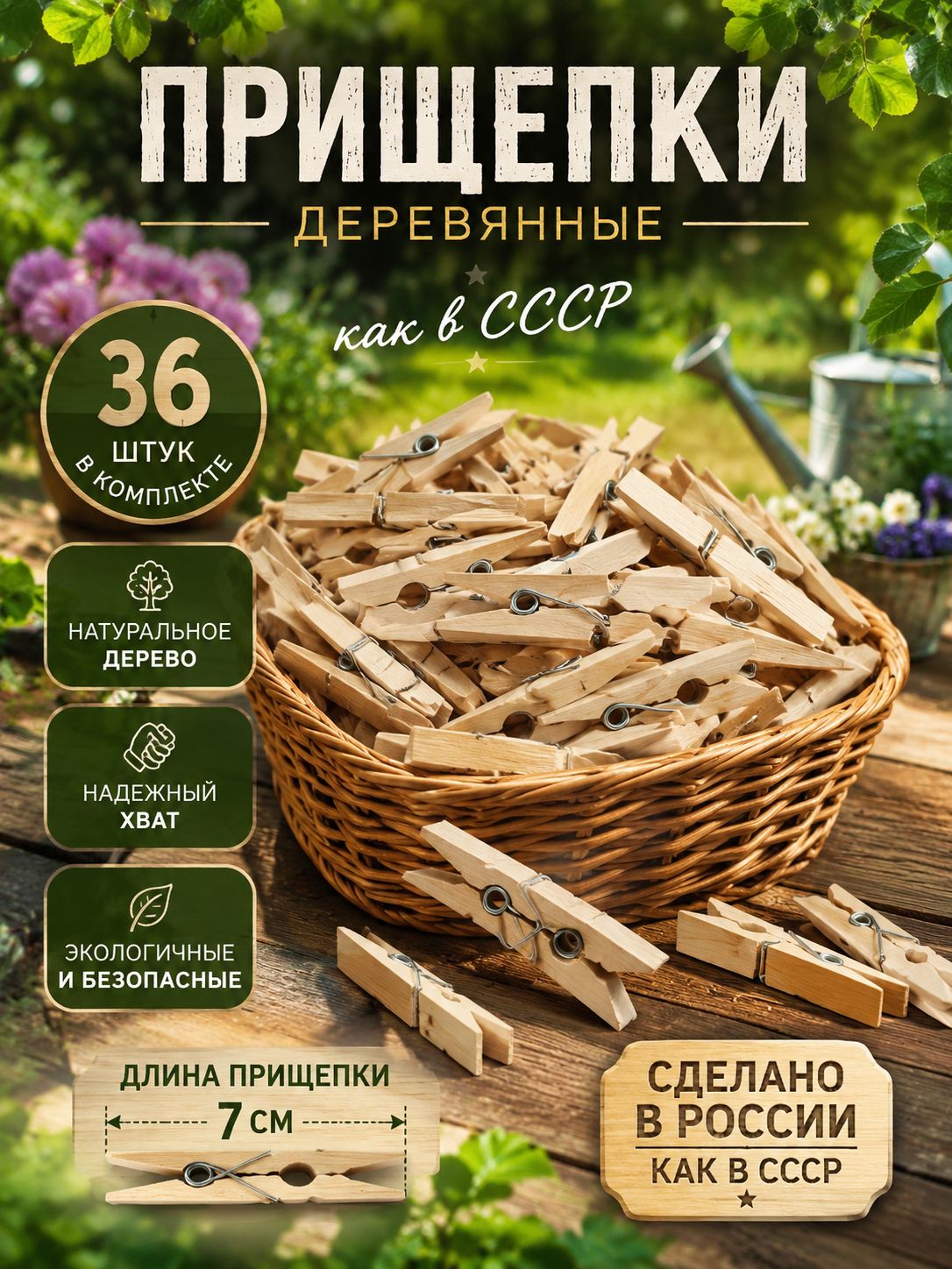 Прищепки 7см для белья деревянные 36 штук в наборе/прищепки российские качественные