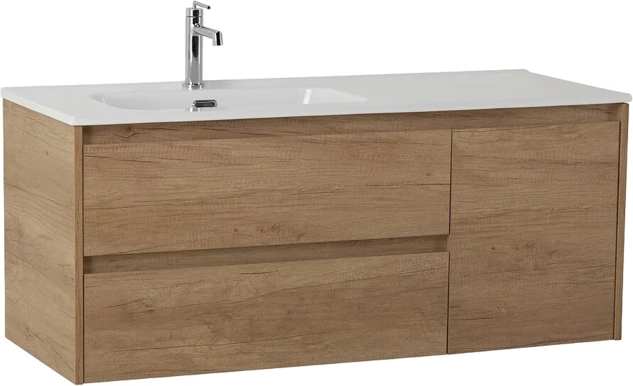 Тумба с раковиной BelBagno Kraft 120 подвесная, 121 см, светлое дерево, матовая, из ЛДСП, с ящиками, с дверками, раковина для ванной, фаянсовая, прямоуго