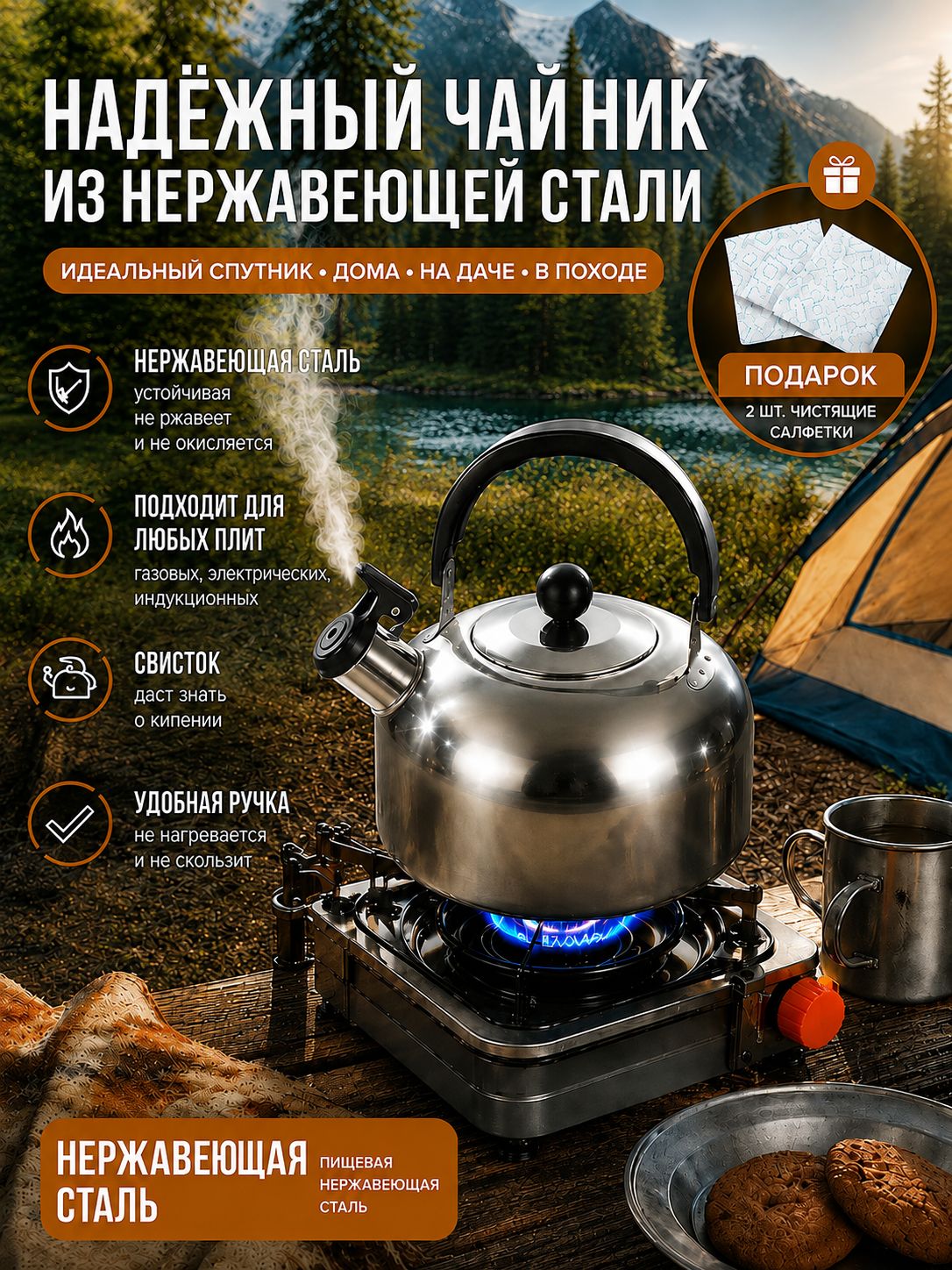 Чайник крышка 3 л крышка в комплекте, чайник-термос нержавеющая сталь серый металлик