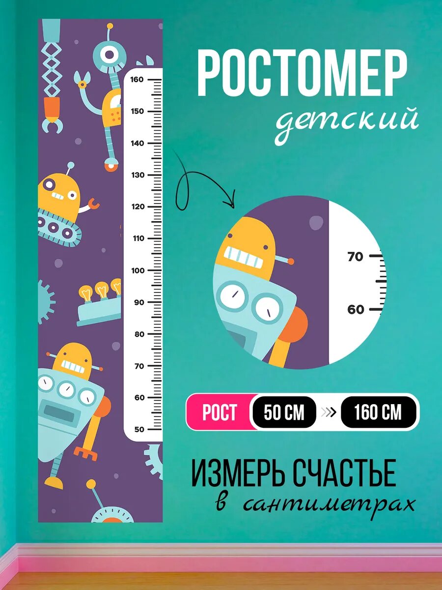Детская наклейка ростомер на стену Роботы в космосе 40х160