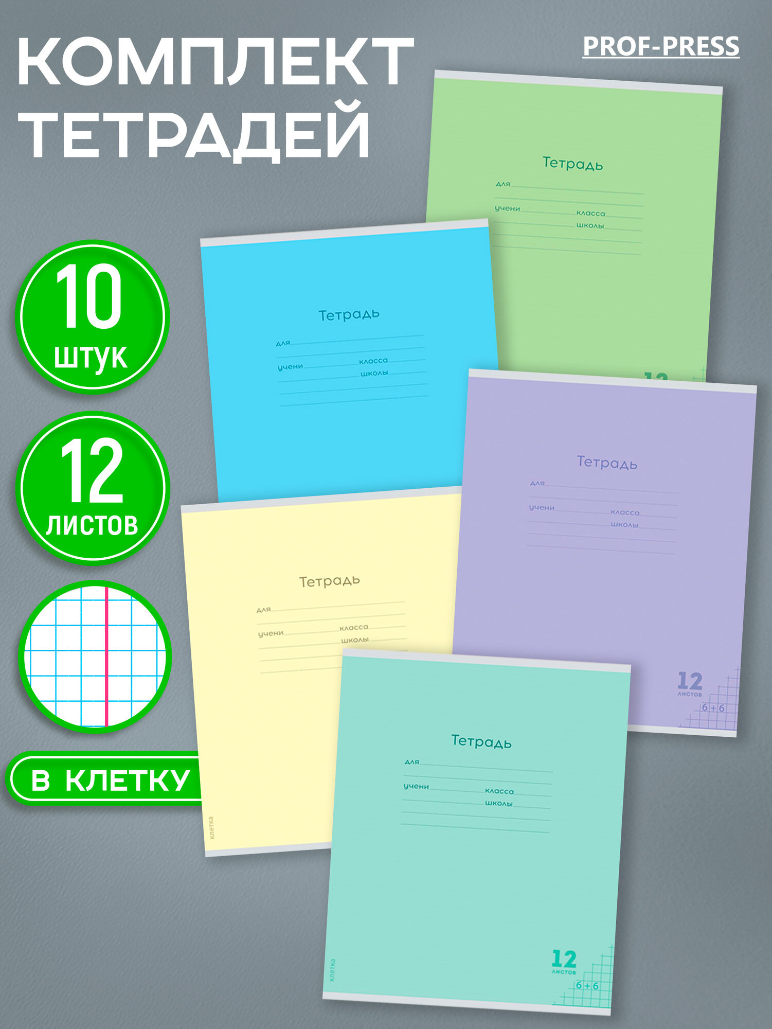 Тетрадь в клетку 12 листов Prof-Press, 10 штук