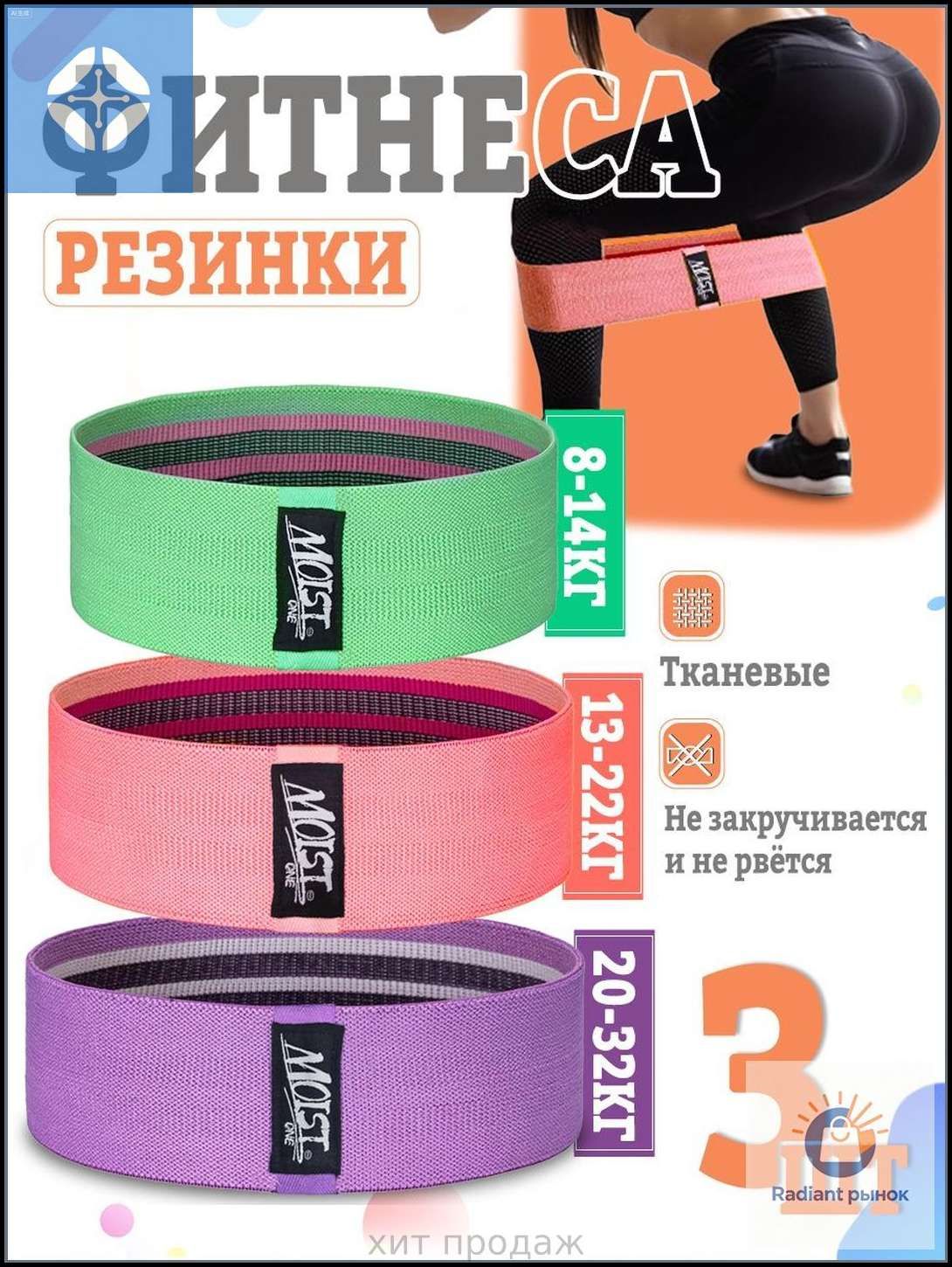 Резинки для фитнеса тканевые утолщенные, фитнес резинка, набор 3 шт. ONEMOISE
