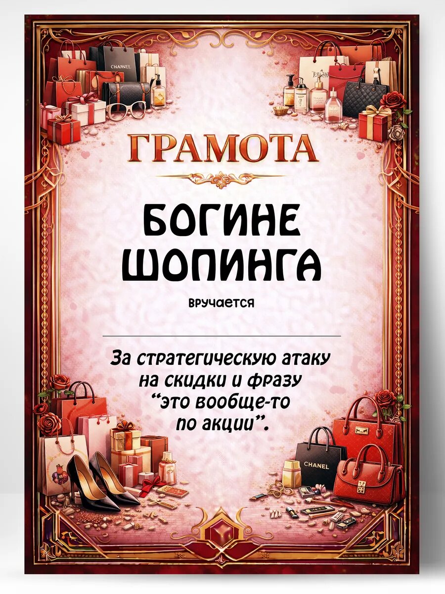 Грамота диплом в подарок - Богине шопинга