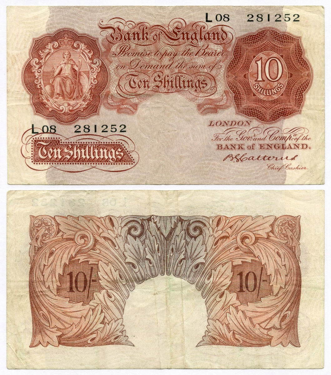 Банкнота Англия 10 шиллингов 1929 год L08 281252 (подпись B.G.Catterns). VF (Очень редкая)