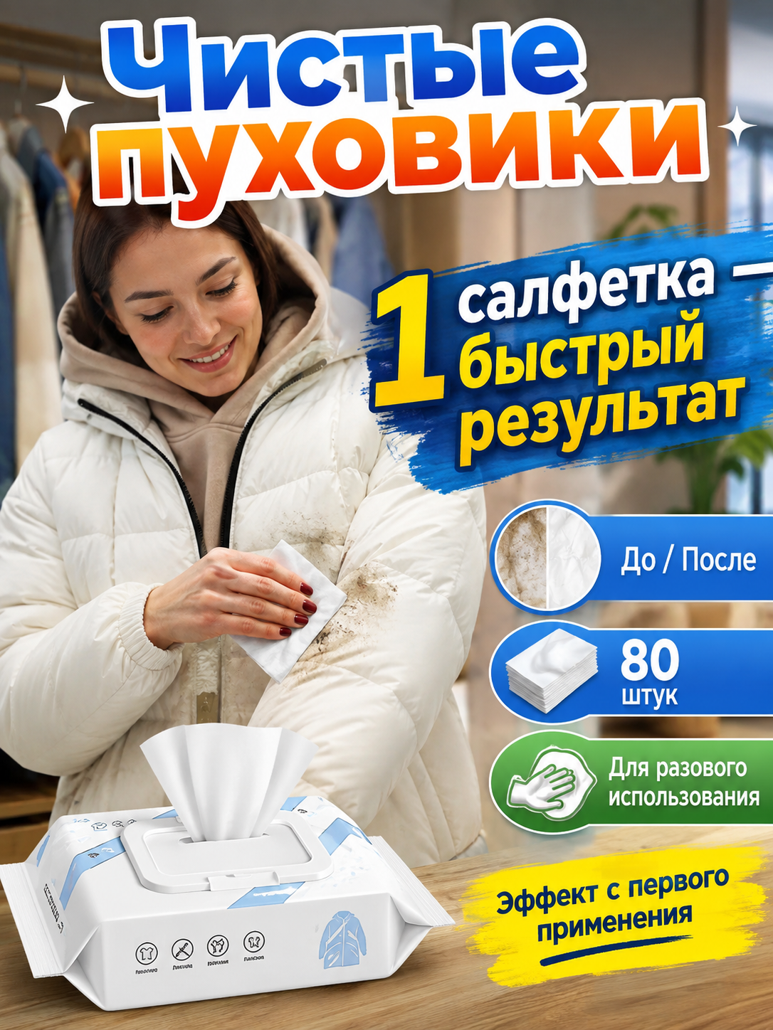 Влажные салфетки для очистки пуховика, быстрая чистка одежды без стирки