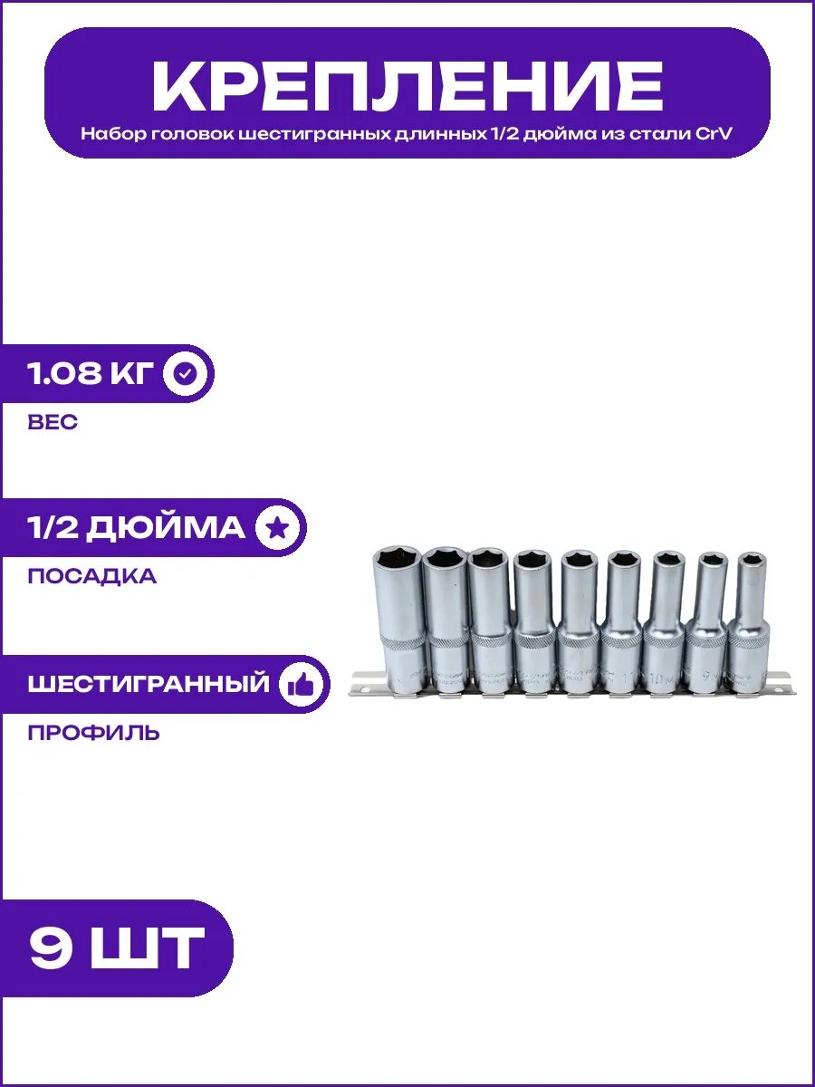 Набор головок торцевых глубоких 1/2 дюйма CrV сталь метрика