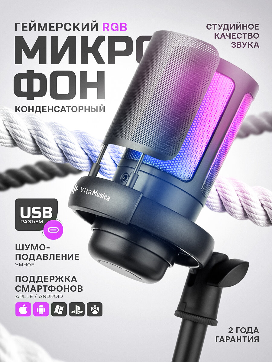 Микрофон для компьютера конденсаторный профессиональный / Игровой USB микрофон для ПК с поп фильтром