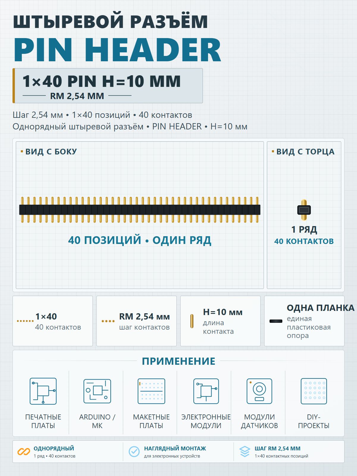 Штыревой разъем PIN HEADER 1x40 контактов, шаг 2.54 мм, высота 10 мм, одинарный ряд