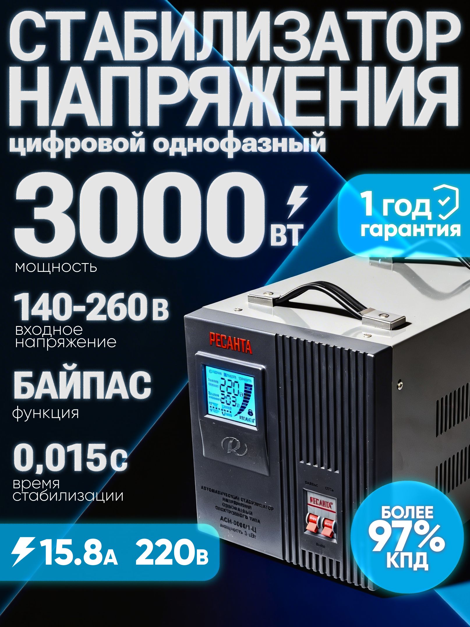Стабилизатор напряжения 220В 3000 Вт АСН-3000/1-Ц Ресанта от 140 до 260В; 3кВт