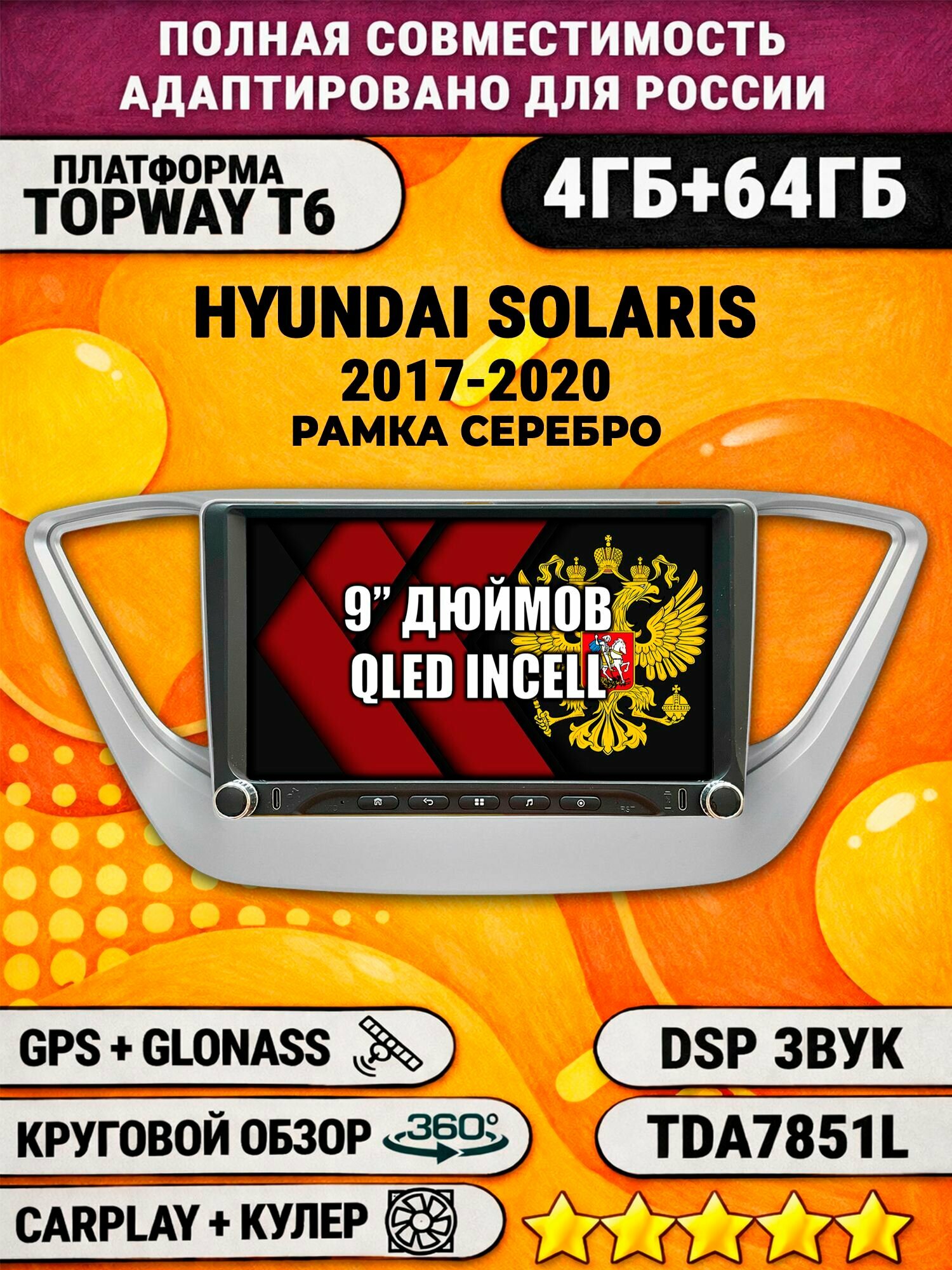 Штатная магнитола Андроид 9 для HYUNDAI SOLARIS (2017 2018 2019 2020) Соларис, 4/64гб, DSP, 360 обзор, беспроводной CarPlay и Android Auto, GPS и ГЛОНАСС