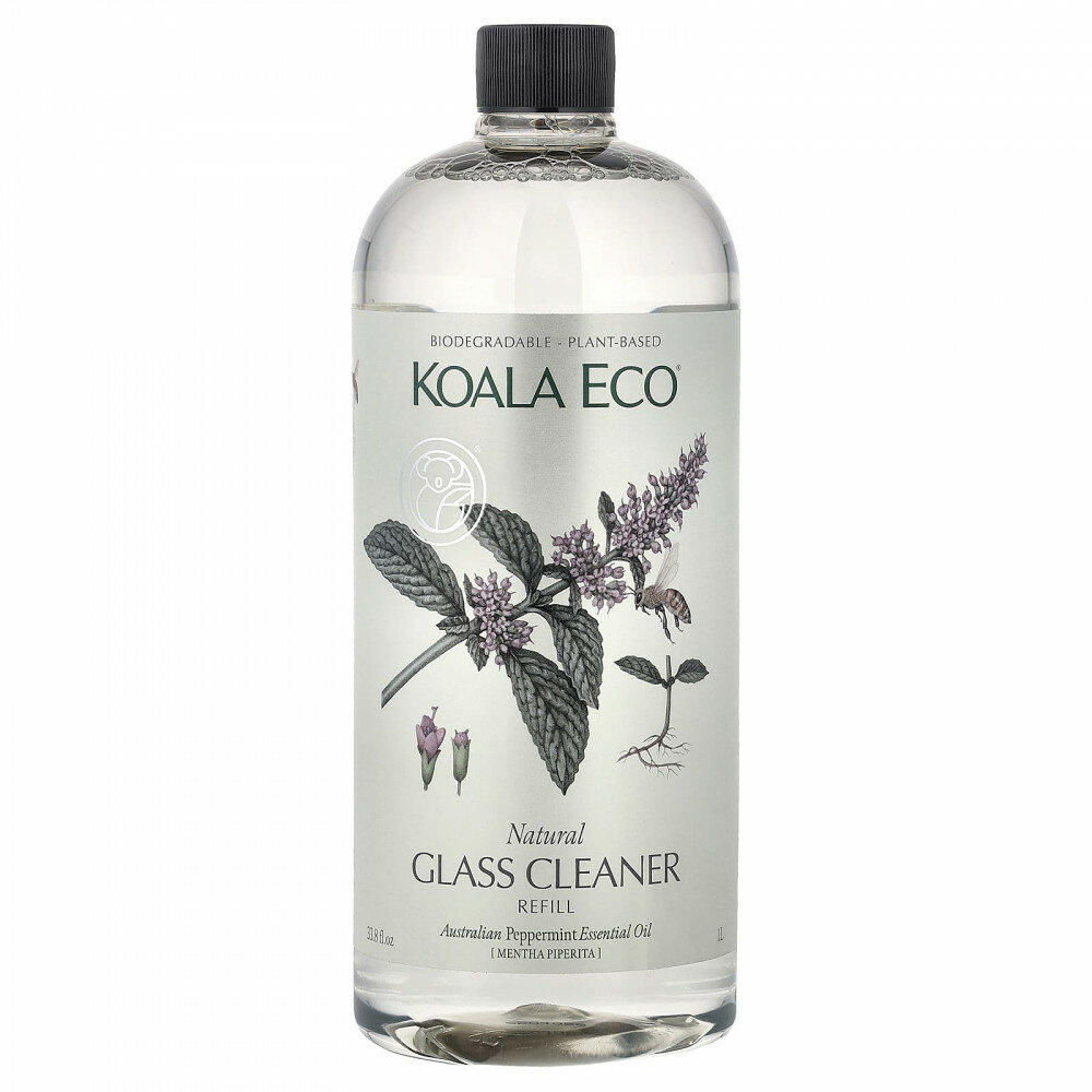 Koala Eco, натуральное средство для мытья стекол, запасной блок, с эфирным маслом австралийской перечной мяты, 1 л (33,8 жидк. унции)