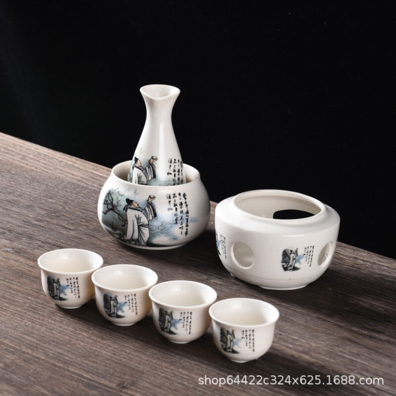 Керамический набор для подогрева вина в китайском стиле, диспенсер для напитков, маленькие винные чашки для обслуживания гостей, один кувшин и четыре чашки, возможность нанесения логотипа по заказу.