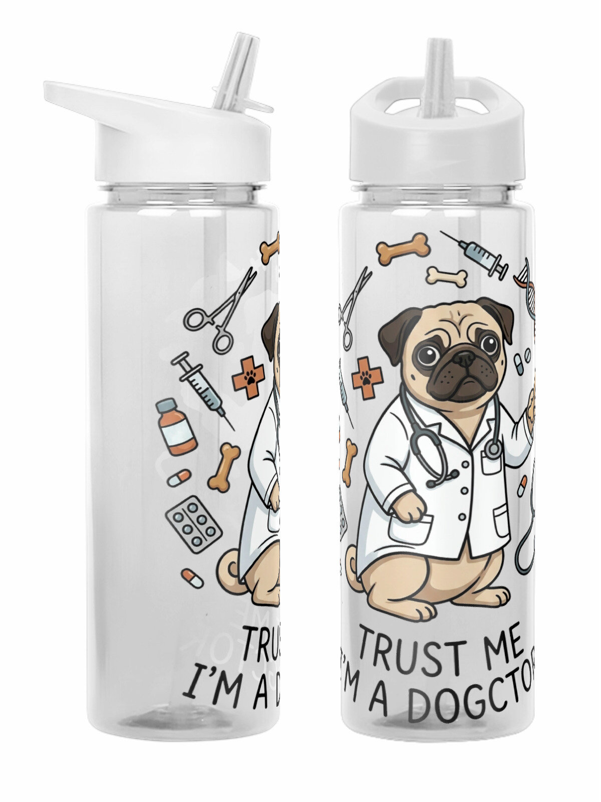 Бутылка белая для воды с принтом trust me im a dogctor