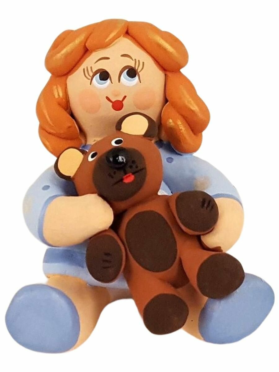 Девочка с мишкой, Ковровская глиняная игрушка, ручная авторская работа