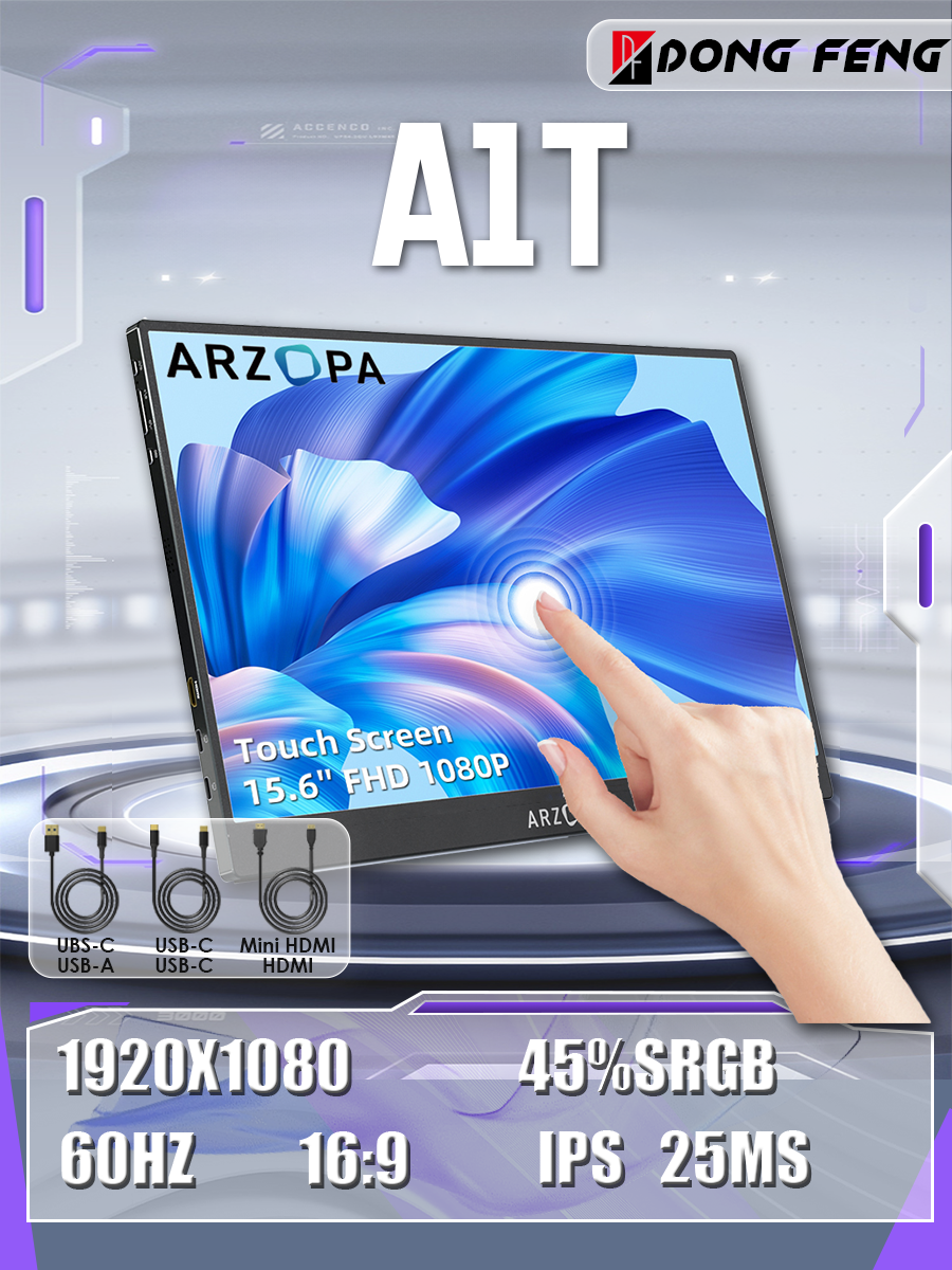 Портативный сенсорный монитор ARZOPA A1T 15,6", Full HD 1920×1080, 60 Гц, 300 кд/м², матовый черный, темно-серый