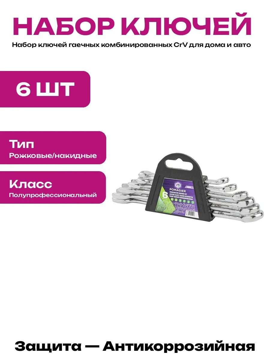 Набор гаечных ключей рожково накидных CrV на держателе 6 14