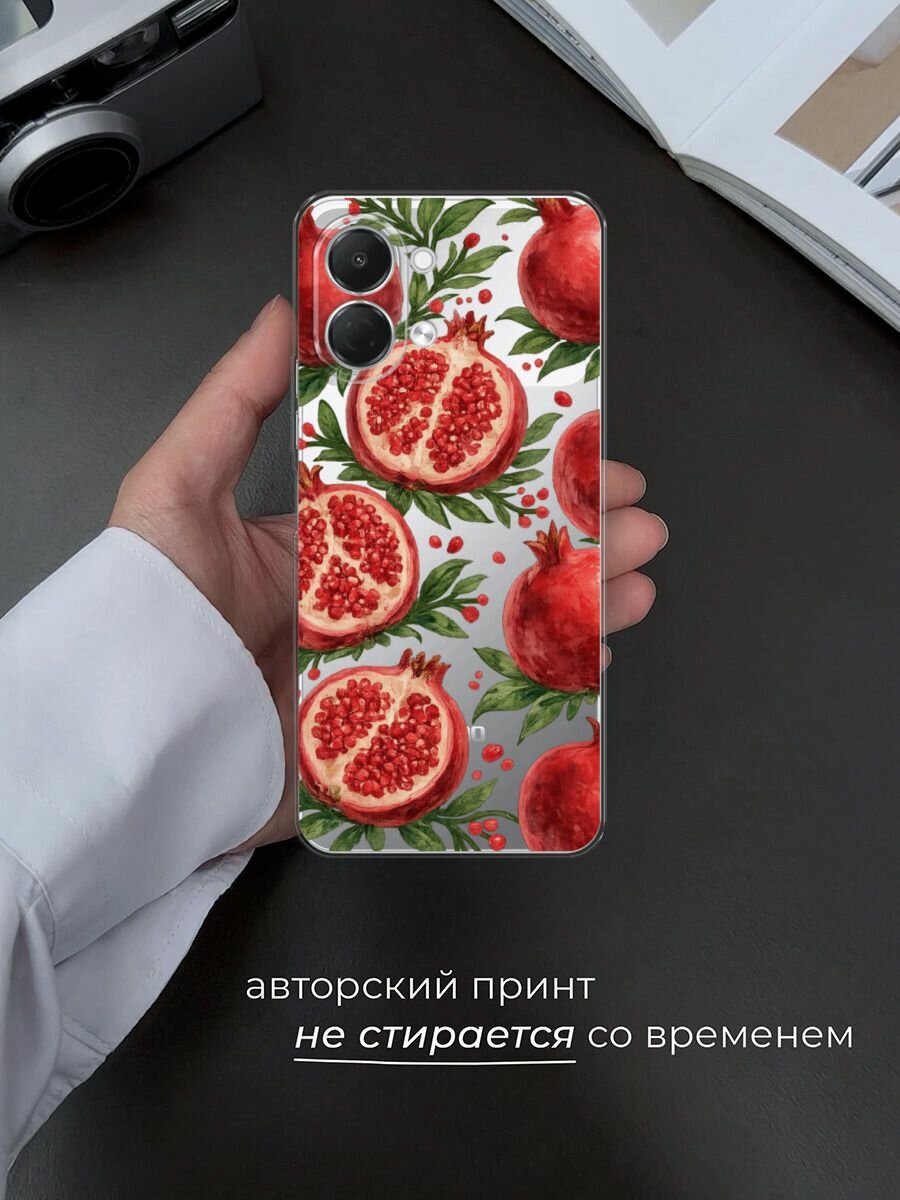 Чехол на Tecno Spark Go 3 / Текно Спарк Го 3 с принтом Гранат с листьями, прозрачный — фото 1