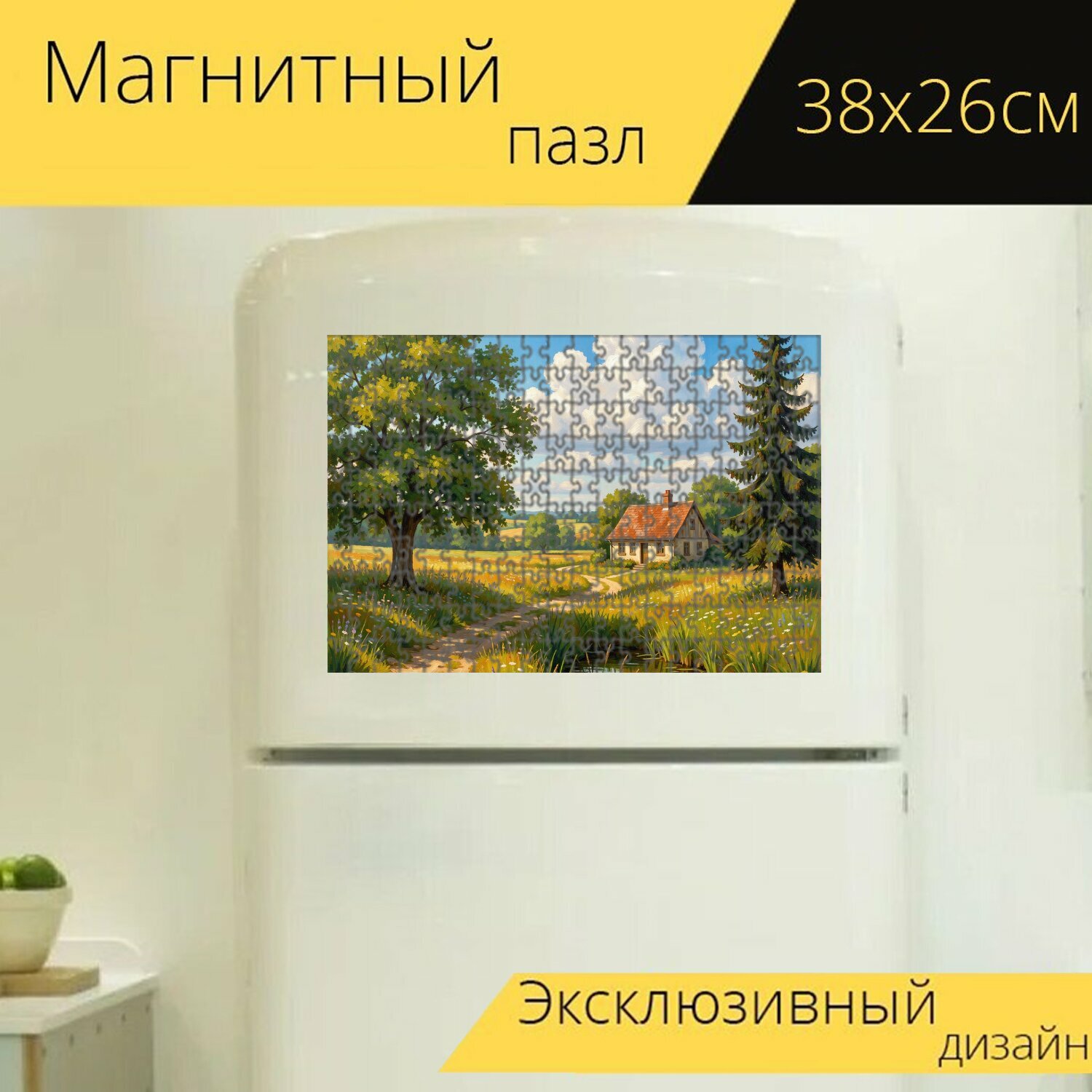 Магнитный пазл "Летний деревенский пейзаж с домом. Живописная сельская идиллия с тропинкой, ручьем, цветущими травами, деревьями и уютным коттеджем. Теплые." для интерьера, 38х26 см.