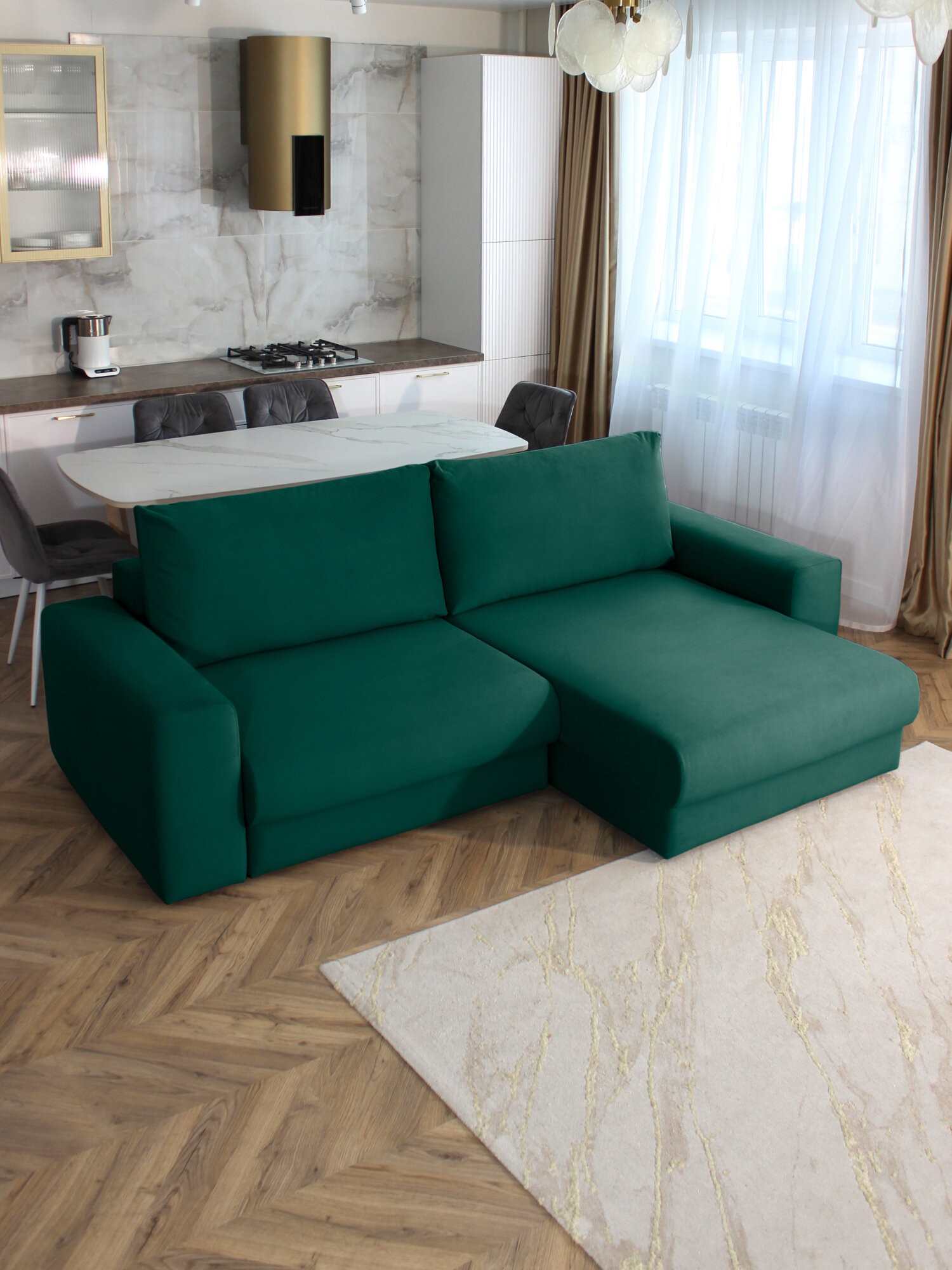 Диван-кровать угловой Лофт зеленый, правый угол, Независимый Пружинный Блок, механизм выкатная Еврокнижка, 250х155х65 см