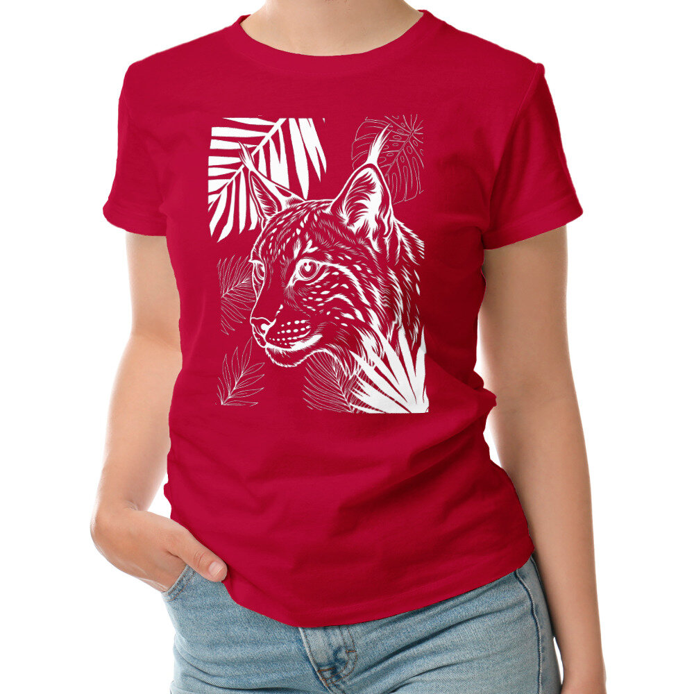 Женская футболка «Рысь в тропических растениях. Стильно» (красный, L)