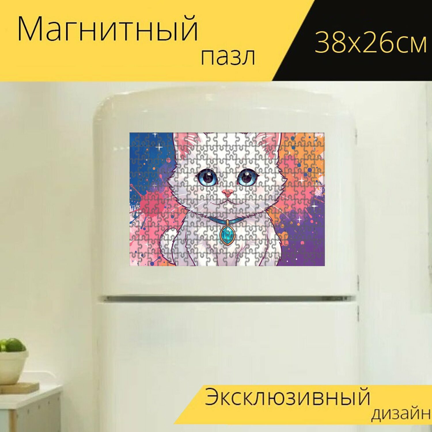 Магнитный пазл "Белый котенок с кулоном. Милый пушистый питомец с большими голубыми глазами и украшением на шее. Яркая мультяшная иллюстрация в." для интерьера, 38х26 см.