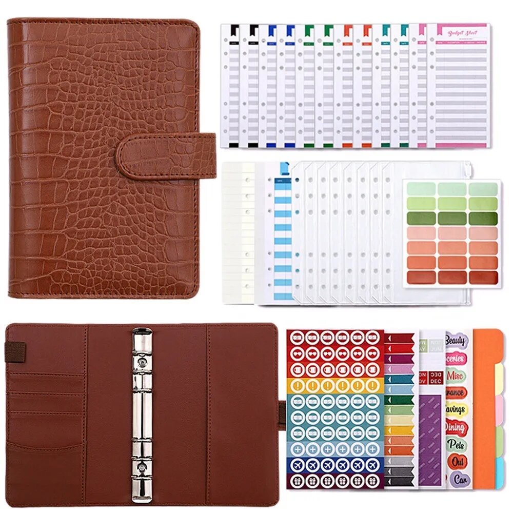 Обложка для блокнота формата А6 из искусственной кожи с крокодиловым рисунком, ежедневник, конверт для мелочей на молнии, коричневый.