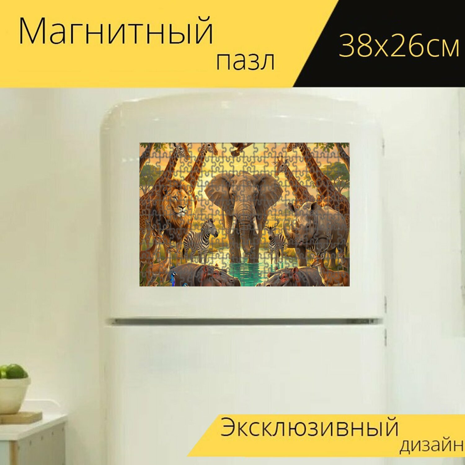 Магнитный пазл "Африканские животные у водопоя. Саванна на закате с жирафами, слоном, львом, носорогом, зебрами и бегемотами, антилопами и яркими птицами." для интерьера, 38х26 см.
