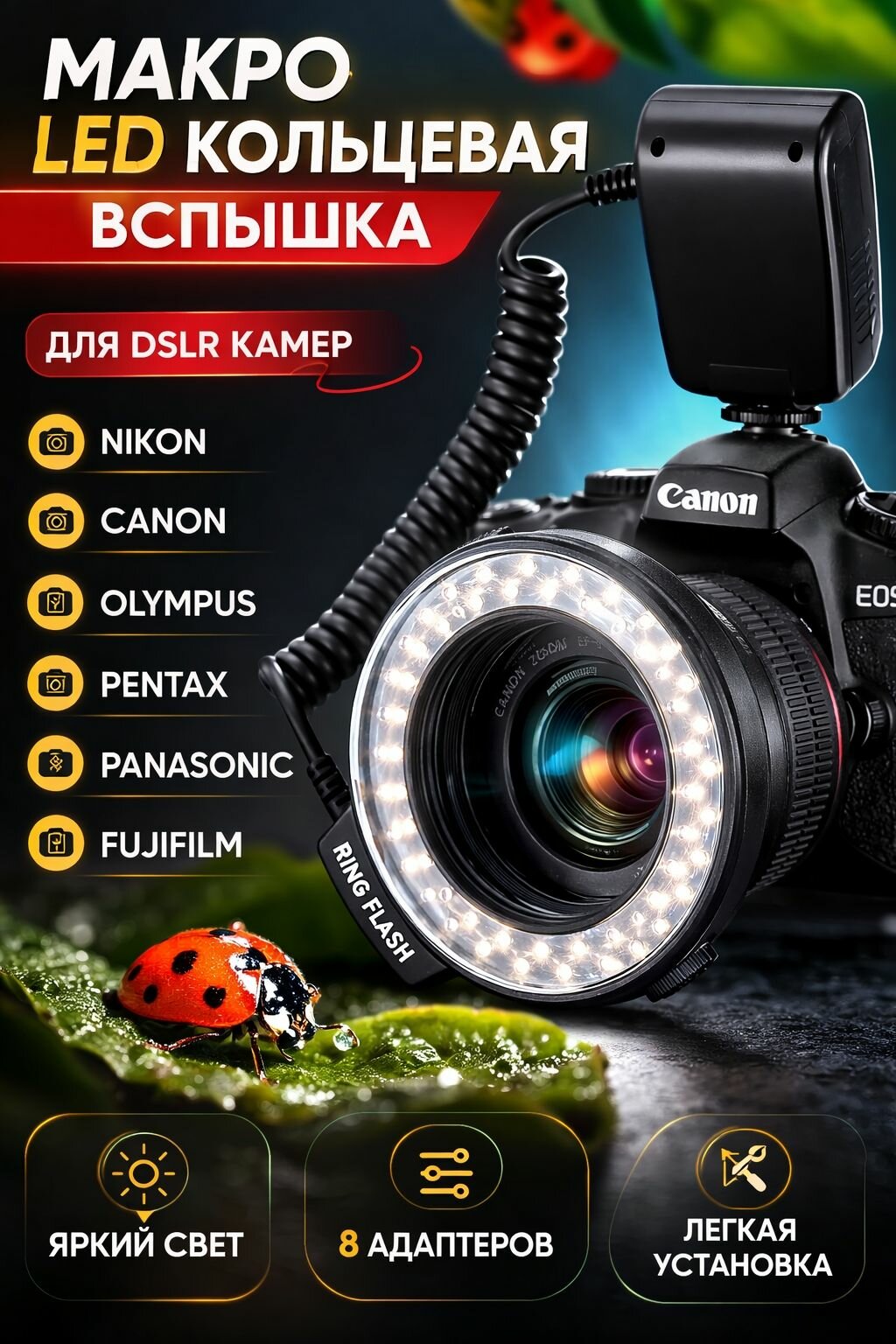 Макро-светодиодная кольцевая вспышка для Nikon, Canon, Olympus, Pentax, Panasonic, Fujifilm
