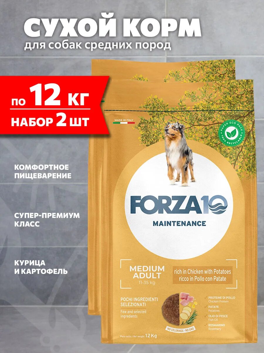 Корм сухой Forza10 Dog Maintenance Adult Medium для взрослых собак средних пород с курицей и картофелем, 12 кг х 2 шт