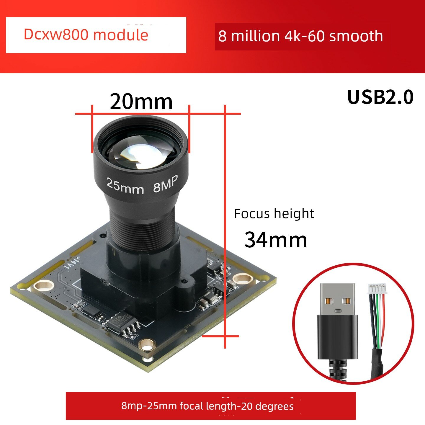 USB промышленная модульная камера с фокусным расстоянием 25 мм, углом обзора 20 градусов для дальнего расстояния, 8 МП,