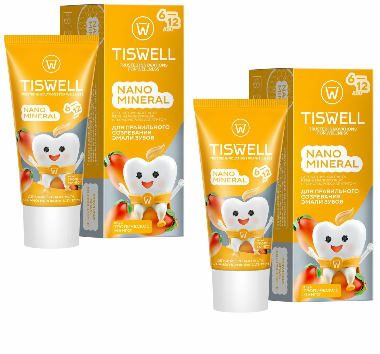 Зубная паста Tiswell детская реминерал-ая от кариеса с наногидроксиапатитом и фтором Манго 6-12л, 60г 2шт