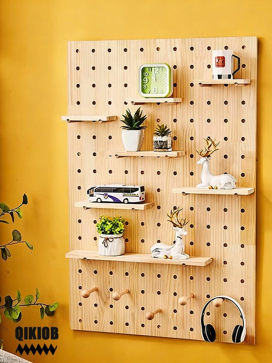 Деревянный пегборд на стену для хранения и декора с полками и крючками, органайзер 80x60 см для дома