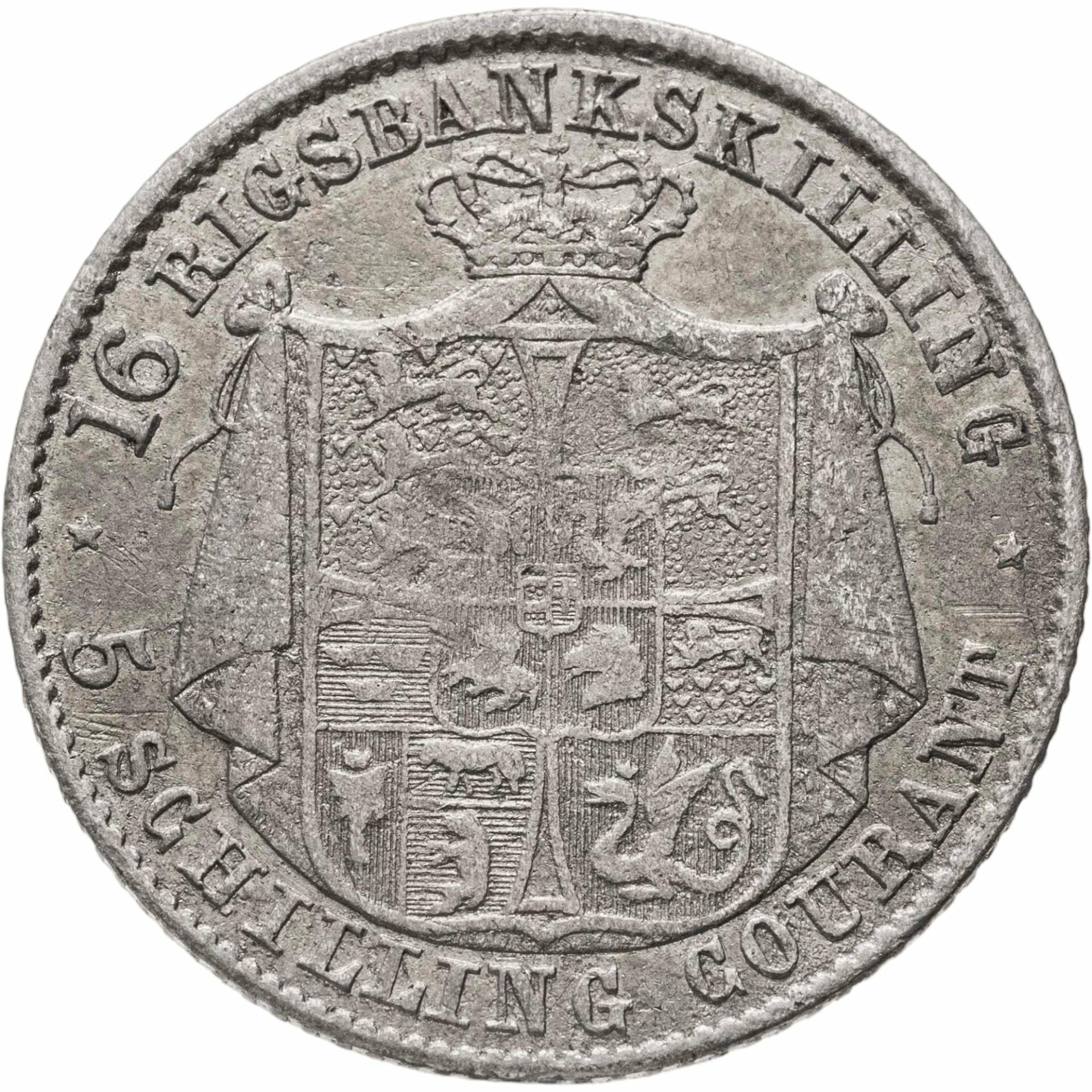 Дания 16 ригсбанкскиллингов 1842, Серебро, в сохранности VF