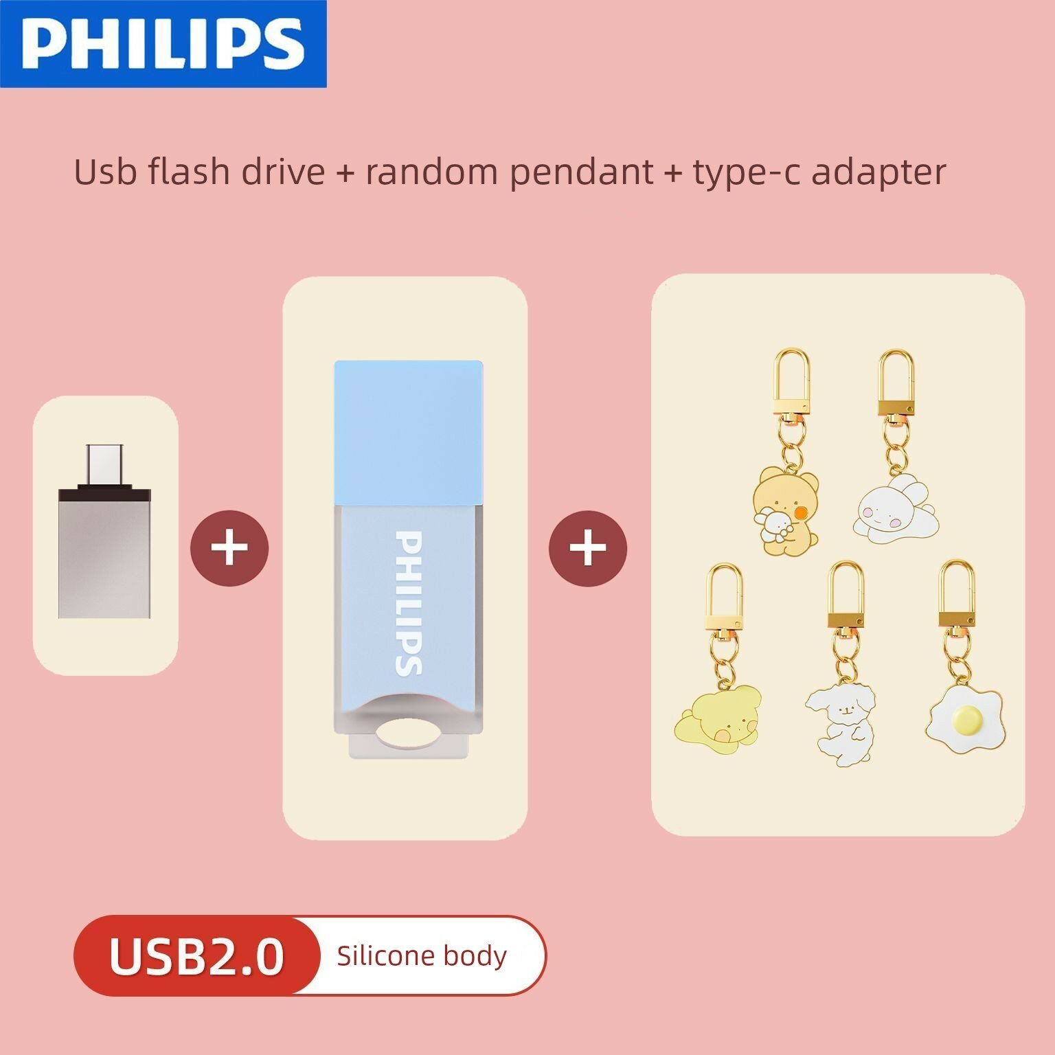Philips Высокоскоростная мини-джели-флешка 32 ГБ светло-голубая с адаптером Type-C для ноутбука, ПК
