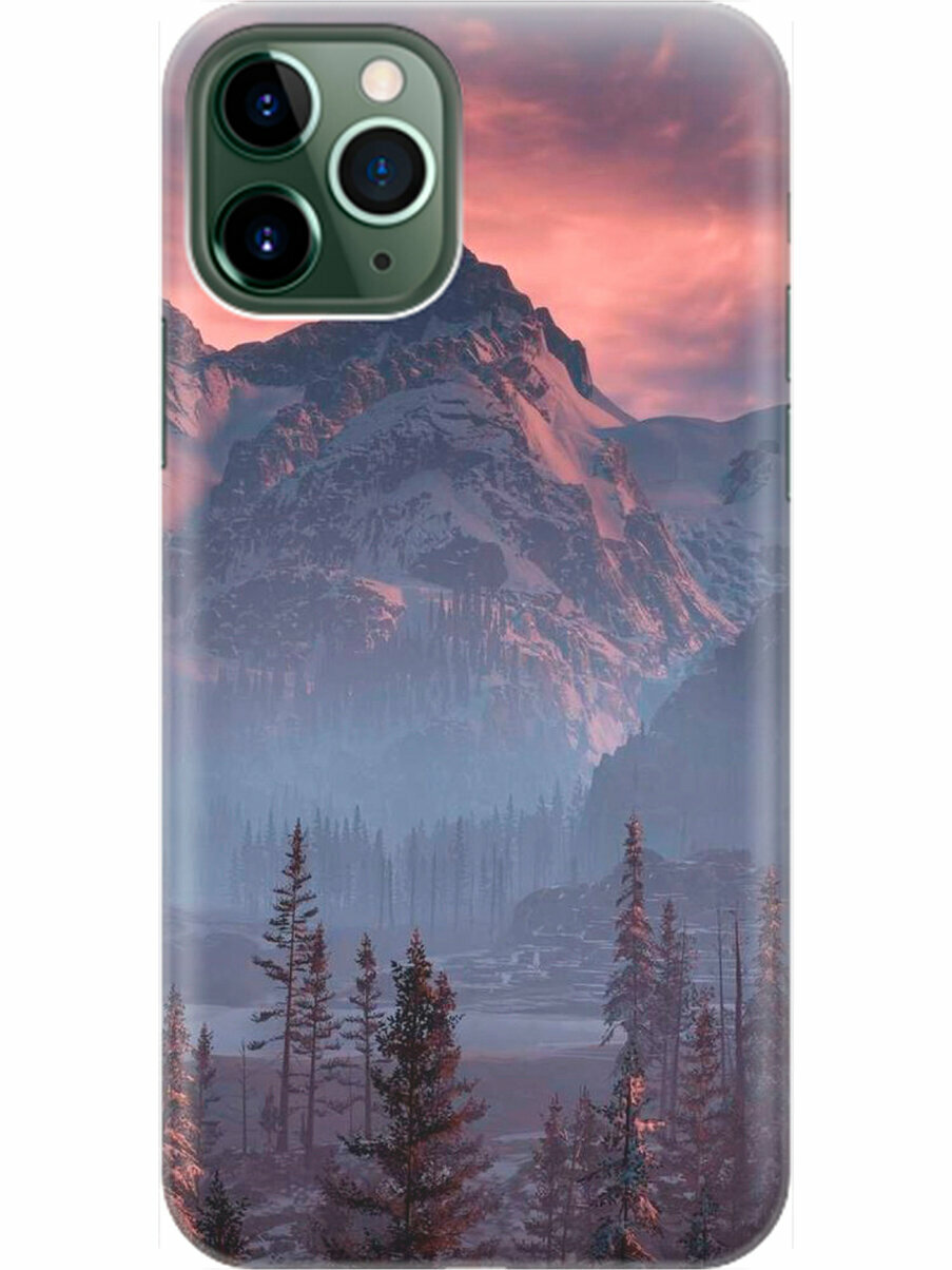 Силиконовый чехол на Apple iPhone 11 Pro Max / Эпл Айфон 11 Про Макс с рисунком "Лес, горы, зарево"