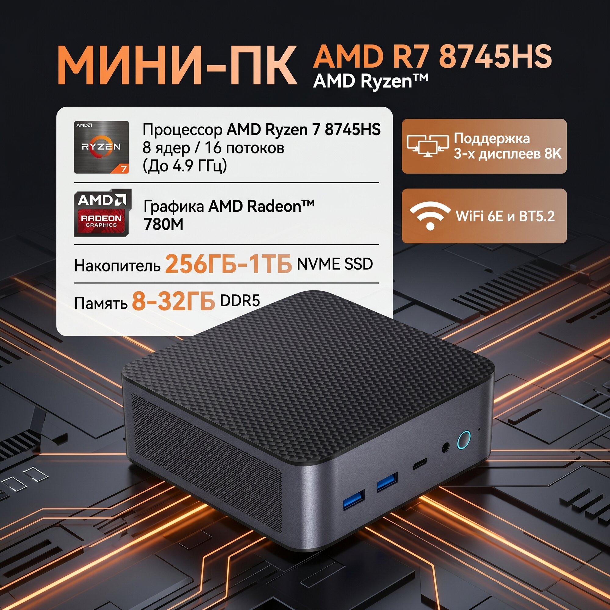 Мини ПК GXMO H90 PRO AMD Ryzen 7 8745HS, RAM 32 ГБ, SSD 1024 ГБ, AMD Radeon 780M Graphics, Win11 Pro), WiFi 6E, BT 5.2