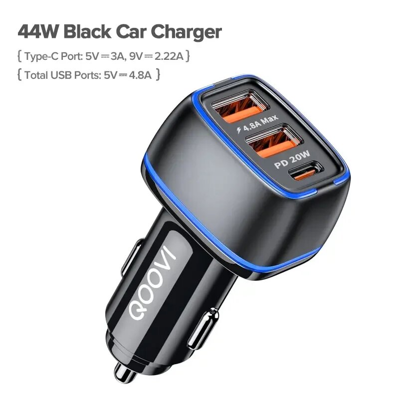 Автомобильное Зарядное Устройство QOOVI 44W PD USB Type C С 3 Портами, Адаптер Быстрой Зарядки Для iPhone 14 Pro, Xiaomi, Sam.