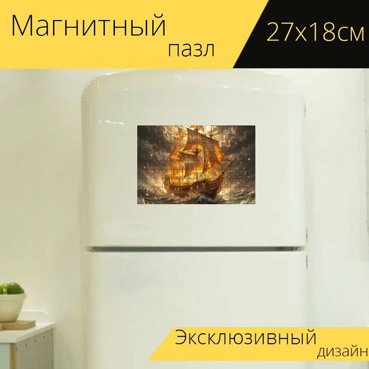 Магнитный пазл "Парусный корабль в штормовом море. Фантазийный фрегат с сияющими парусами мчится по бурным волнам под драматичным небом, золотистое." на холодильник 27 x 18 см.