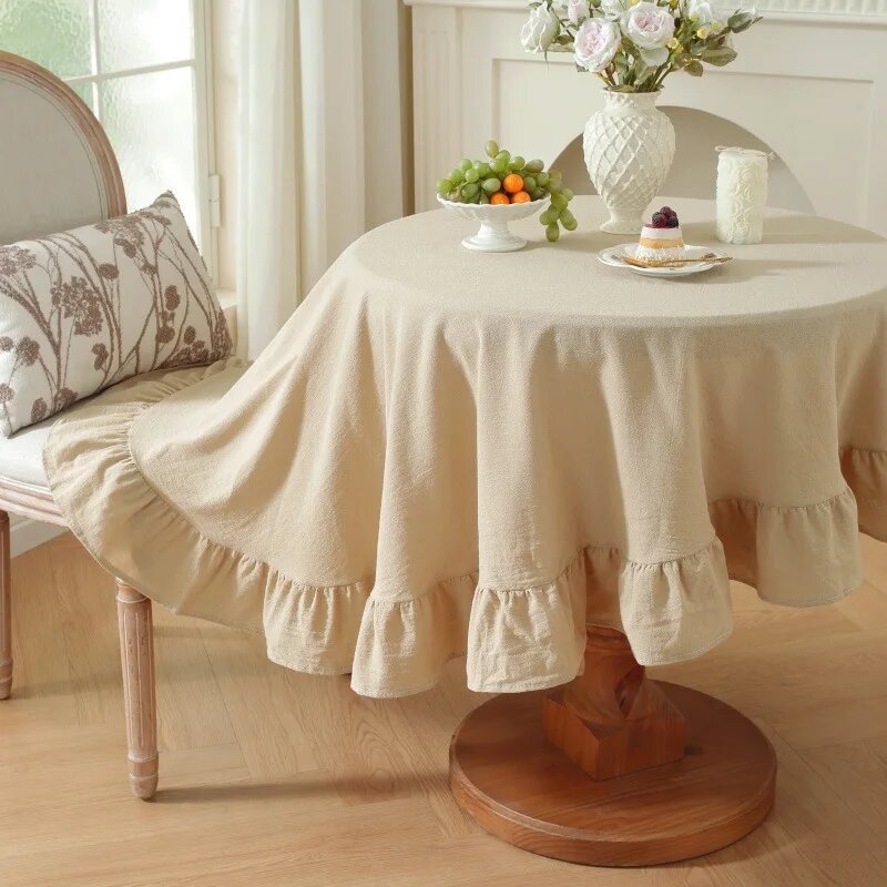 Бежевая круглая скатерть с оборками, 150 см