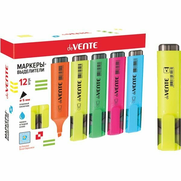 Маркер-текстовыделитель желтый набор 12 штук "deVENTE", 1-5 мм. скошенный наконечник