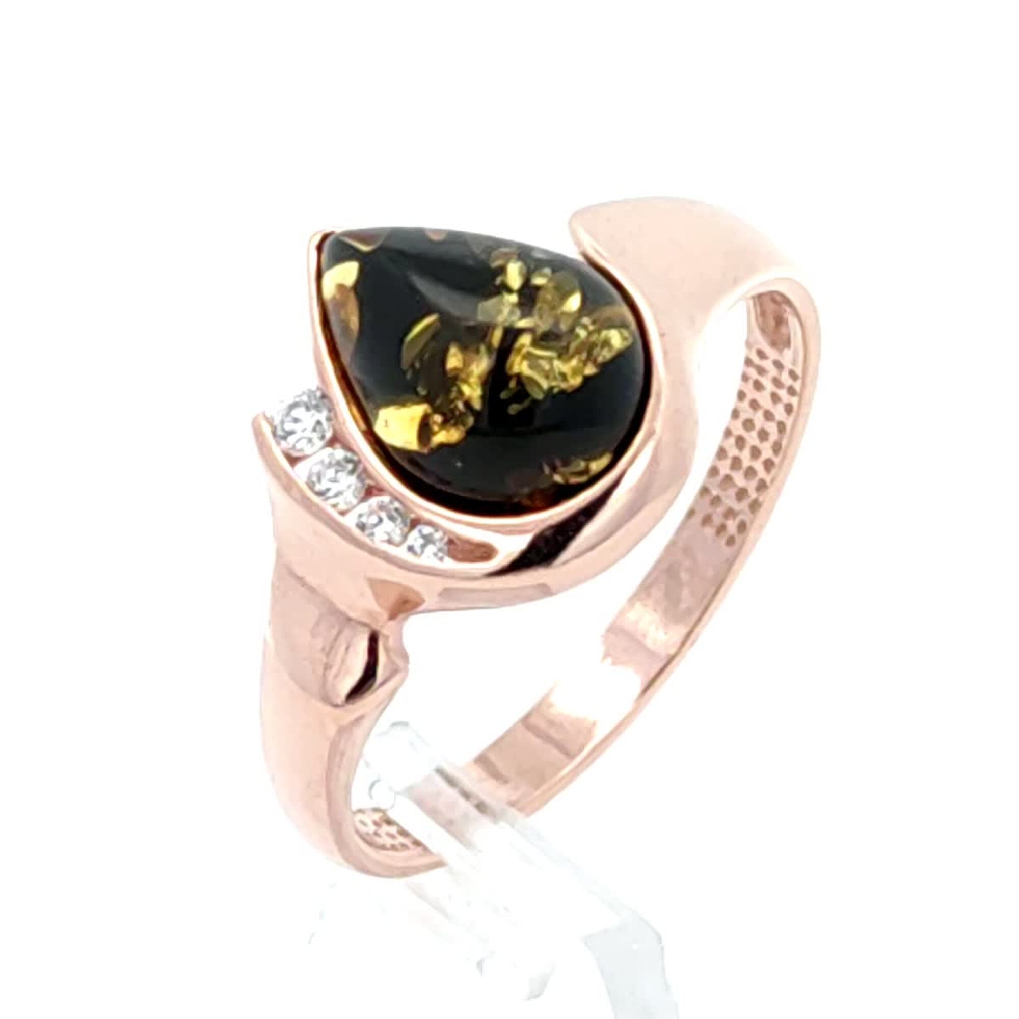 Кольцо, серебро, 925 проба, золочение, фианит, янтарь