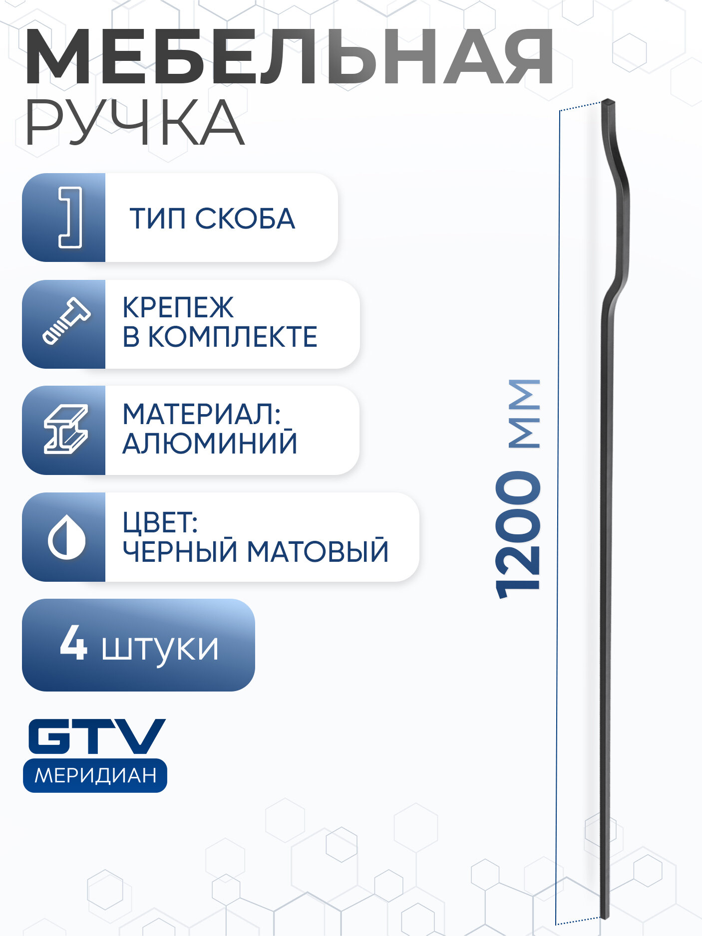 Ручка мебельная скоба алюминиевая 1200 мм GRAVEL черный матовый 4 шт