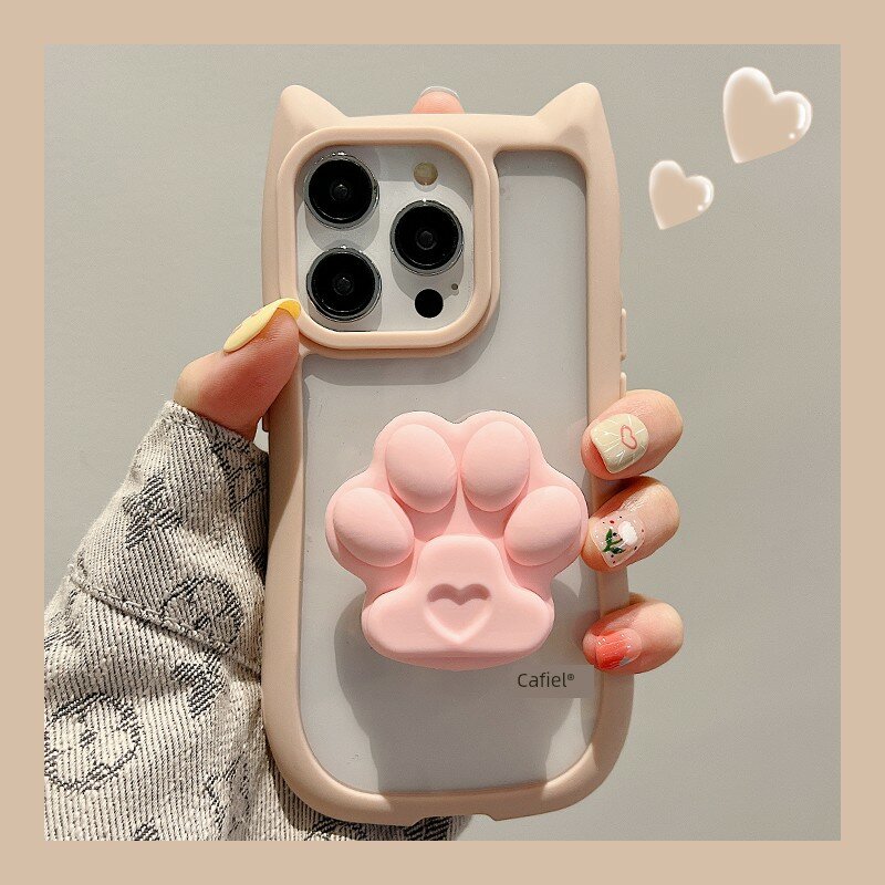 Силиконовый прозрачный чехол для iPhone 16 Pro с розовой кромкой и 3D-изображением кошачьих ушей, плюс кошачий