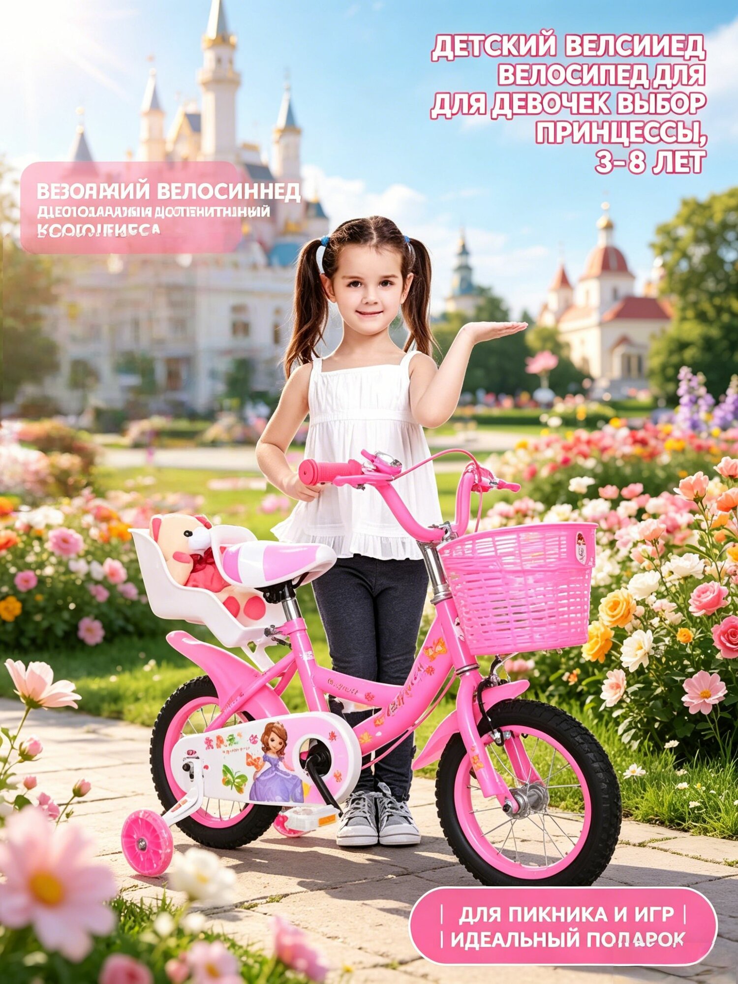 Велосипед двухколесный детский 14" дюймов PRINCESS рост 105120 см для девочки розовый. Для малышей 3 года, 4 года, 5 лет,